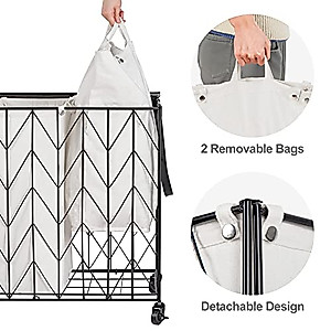 WOWLIVE Laundry Basket with Wheels, Heavy Duty Laundry Hamper with Wood Lid, Clothes Hamper with Divided Removable Liner Bag, Large Capacity Iron-Made Laundry Sorter Laundry Room Organization (Beige)