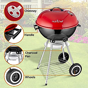 Portable Outdoor Charcoal BBQ Grill, Stainless Steel Charcoal Grill Offset Smoker with Ash Catcher and Red Cover, Multi-functional ideal for Bake. Braise, Smoke, Roast, and Grill
