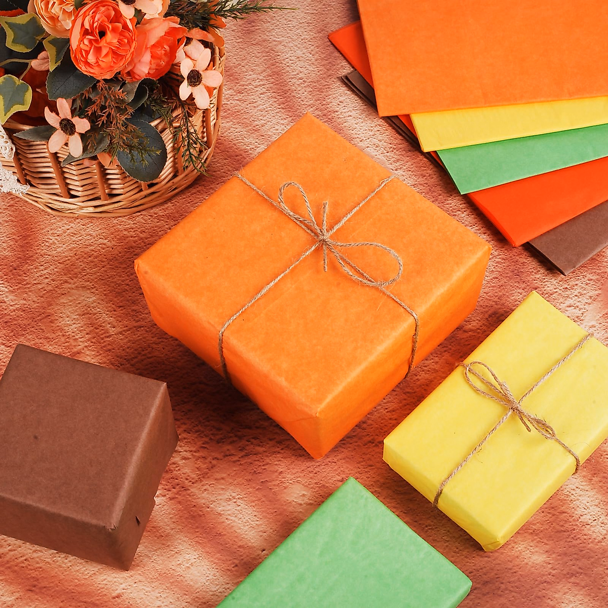 100 Sheets Thanksgiving Day Tissue Paper for Gift Wrapping, Orange Green Yellow Brown Tissue Paper for Gift Bags for Birthday Fall Autumn Holidays DIY Craft