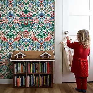 JiffDiff Vintage Wallpaper Peel and Stick Watercolor Floral Botanical Morris Wallpaper Strawberry Thief Easy Peel Off Wallpaper for Bedroom Mural Wall Decor Self-Adhesive 17.7in x 9.8ft