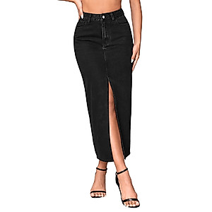 SweatyRocks Women's Casual High Waist Denim Skirt Split Hem Raw Trim Midi Jean Skirts Black L