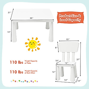 COSTWAY 3-Piece Kids Table and Chairs Set, Lightweight Plastic Children Activity Center for Reading, Writing, Painting, Snack Time, Kids Furniture Art Study Desk & Chairs Set for Ages 1-7 (White)