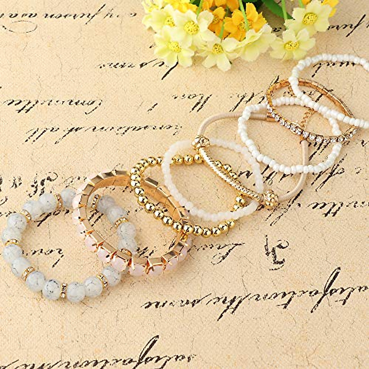 MILACOLATO 2-4 Sets Stackable Bracelets for Women Multilayer Beaded Bracelets Stretch Bangles Bohemian Style (4 Set Bracelets)