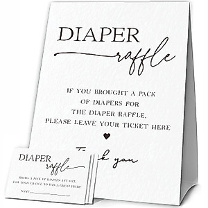 Baby Shower Games, 1 Diaper Raffle Standing Sign with 50 Diaper Raffle Tickets, Minimalist Hello Baby, Modern Black and White Theme Gender Reveal Party Decorations and Supplies(LBLK-A10)