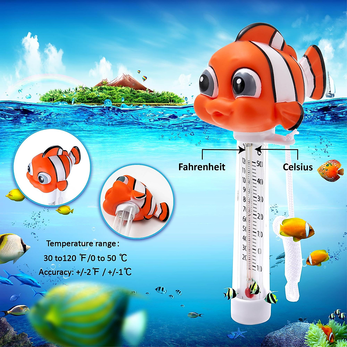 MKLZ Pool Thermometer Floating Easy Read, Large Size Water Thermometers, Temperature Gauge with String for Outdoor & Indoor Swimming Pools, Hot Tub, Ice Bath, Cold Plunge, Spa - Clown Fish