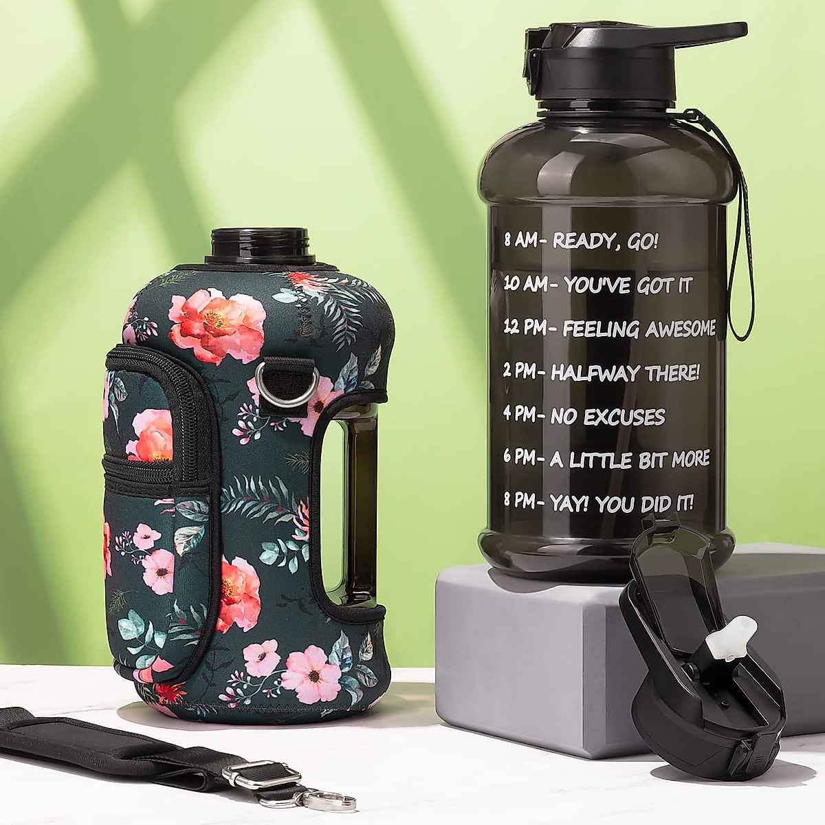 Fimibuke Half Gallon Water Bottle with Sleeve 64 OZ Water Bottle with Handle & Straw Leakproof Motivational Sport Gym Water Bottle with Time Marker BPA Free Water Jug with Neoprene Holder - Retro Rose