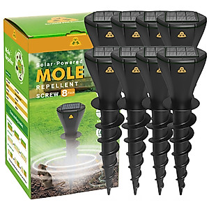 Solar Powered Mole Repellent Stakes Outdoor Ultrasonic Snake Groundhog Gopher Vole Chipmunk Repeller Sonic Deterrent Spikes Device for Lawns and Yard Waterproof - No Poison Killer Traps, Black 8 Pack
