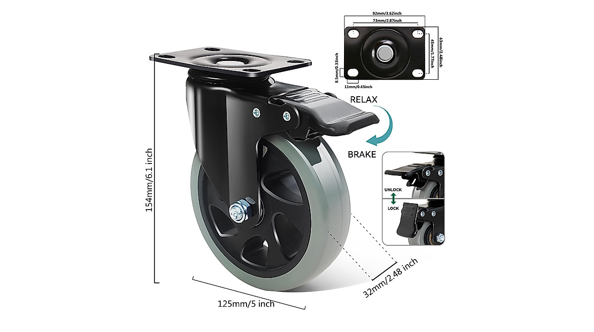 Heavy Duty 5 Inch Caster Wheels Set of 4 with Brake