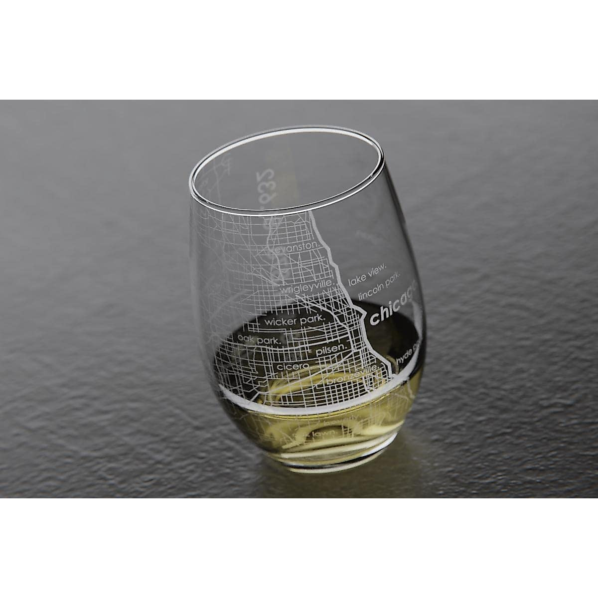Well Told Engraved Chicago Illinois Map Stemless Wine Glass, Etched Wine Glass (15 oz, Clear) City Map Wine Glass, Custom Wine Glass, Gifts for Wine Lovers