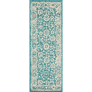 Unique Loom Penrose Collection Distressed Traditional Vintage Floral Area Rug, 2 ft 2 in x 6 ft, Turquoise/Beige