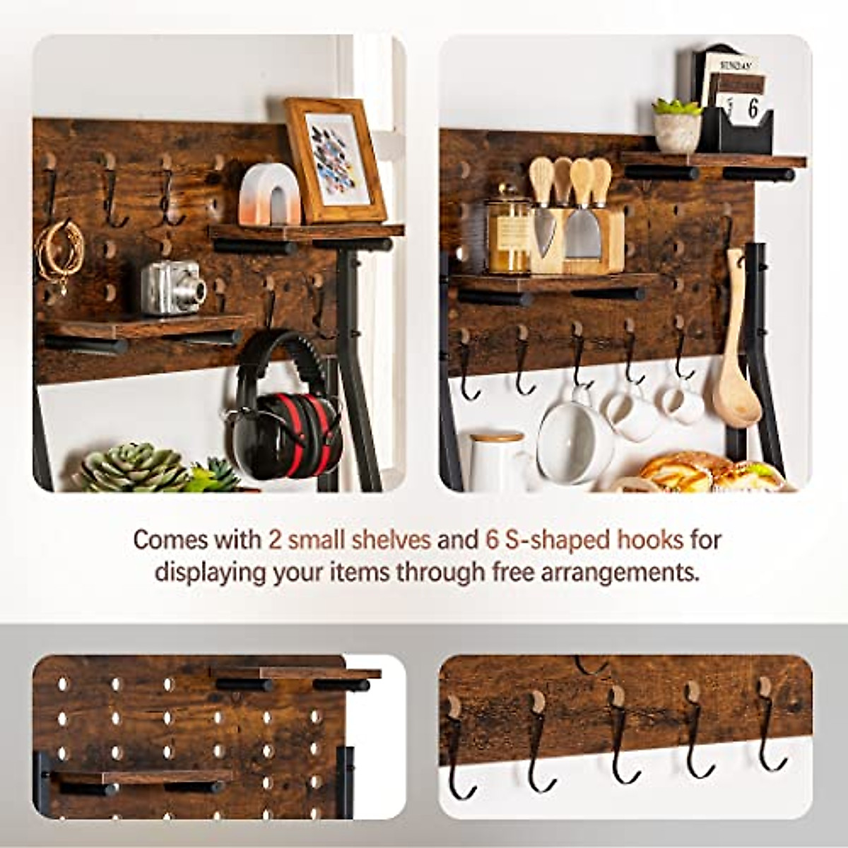 LAVIEVERT 5-Tier Bookshelf with Pegboard Floating Shelves, Industrial Vintage Bookcase, Freestanding Display Storage Rack Shelf with 6 Removable Metal Hooks for Home Office - Rustic Brown