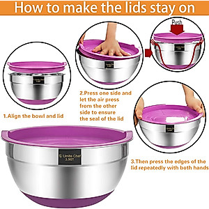 Umite Chef Mixing Bowls with Airtight Lids, 6 Piece Stainless Steel Metal Bowls, Measurement Marks & Colorful Non-Slip Bottoms Size 7, 3.5, 2.5, 2.0,1.5, 1QT, Great for Mixing & Serving