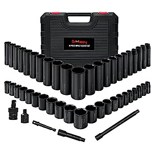 BeHappy 3/8" Impact Socket Set, 49Pcs Socket Set, Drive Impact Socket Set includes Metric (8-22mm) and SAE Socket Set (5/16"-3/4"), Deep/Standard, Cr-V, 6 Point,Extension Bars,Universal Joint,Adaptor