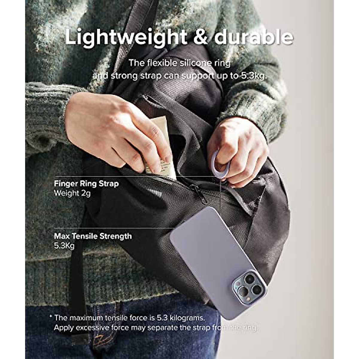 Ringke Finger Ring Strap Silicone Smartphone Grip Lanyard Holder [2 Pack] with Anti-Slip Mount Function Compatible with Phone Cases, Keys, Cameras, and More - Black & Lavender Gray