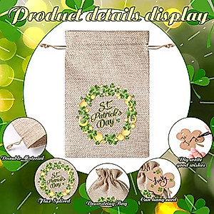 24 Sets St. Patrick's Day Party Favor Bags Green Shamrock Burlap Gift Bags St Patricks Day Candy Bags Irish Clover St Patricks Treat Bags Gift Wrap Bags for St. Patricks Day Party Favors, 7 x 5 Inch