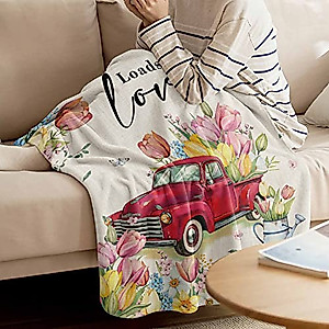 Easter Flannel Fleece Blanket Red Truck Tulip Super Soft Warm Cozy Throw Blankets Spring Flowers Butterfly Bed Couch or Car Blanket Mom Gift for Easter Mother's Day, Travel All Reason 40" x 50"