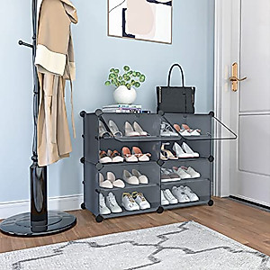 UNZIPE Shoe Rack, 8-Tier Shoe Storage Cabinet 16 Pairs Free Standing Shoe Racks Plastic Shoes Shelves DIY Cube Organizer for Closet Hallway Bedroom Entryway Garage, Dark Grey