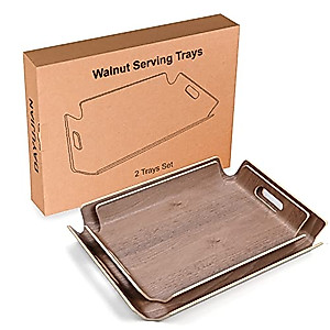 DAYUJIAN Walnut Ottoman Serving Trays (Set of 2) Rustic Wooden Food Serving tray with handles Farmhouse Decor Serving Platters-Large: 17.3 x13 x2"-Small: 15.6 x11.2 x2"