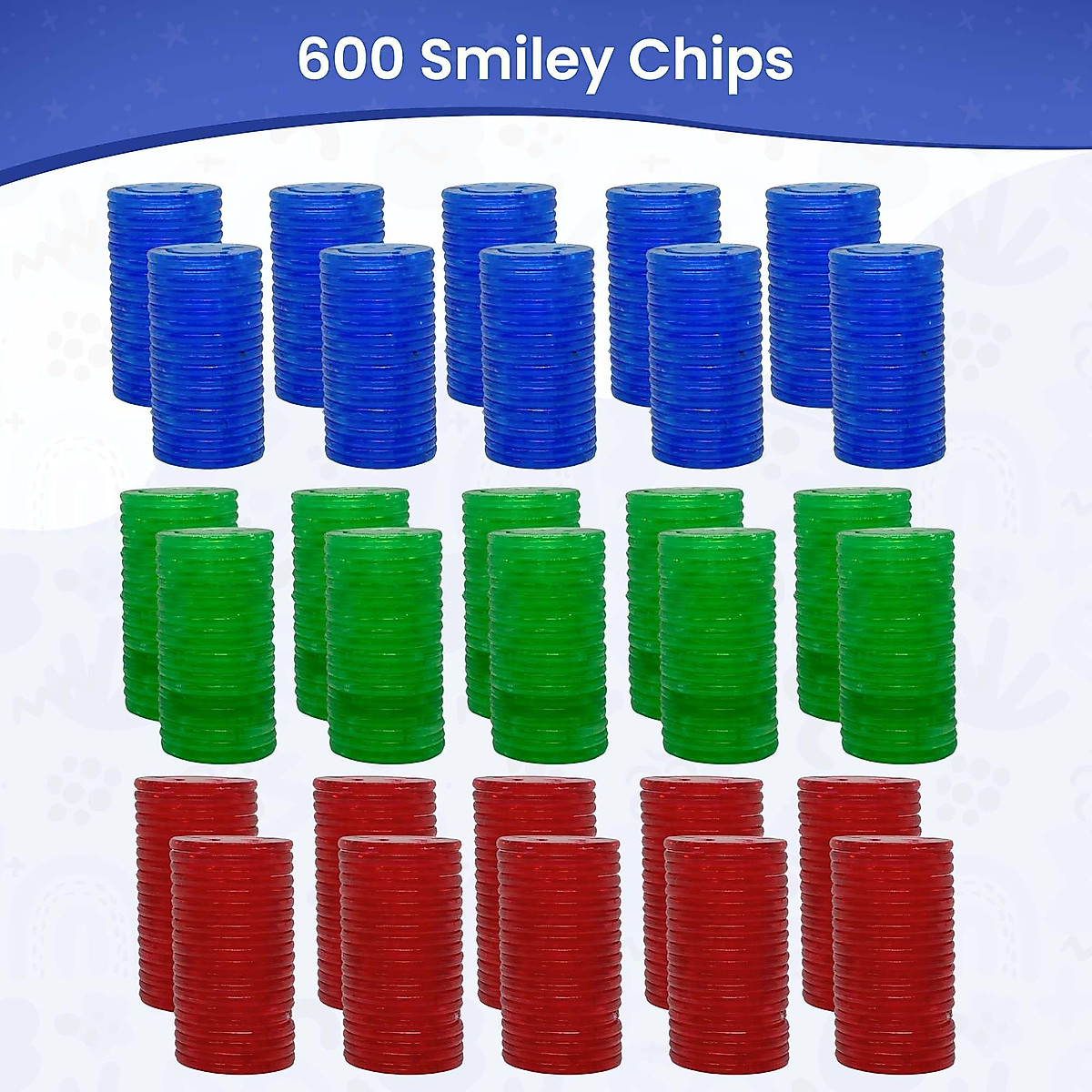 MR CHIPS Bingo Chips 3/4" Size - 600 Counting in Blue, Red and Green Color Smiley Face Design Versatile for Classroom Activities & Board Games