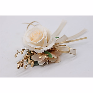 YOKOKE 2 Corsages, Handmade Artificial Peony Rose Wrist Corsage Wristlet Wedding Prom Suit Decorations (2 Gold Wrist Corsage)
