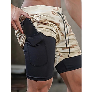 DIOTSR Mens 2 in 1 Running Workout Shorts Lightweight Athletic Gym Shorts with Pockets (Camo Khaki X-Large)