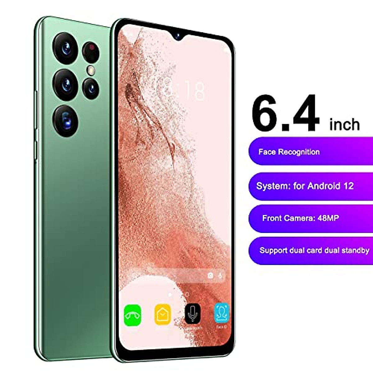 PUSOKEI S22 Ultra Smartphone, Unlocked Android Cell Phone, with 6.4in HD Screen, 4G Mobile Phone, Dual Sim, 6800mAh, Fingerprint Lock, Face ID, BT, FM, WiFi(Green)