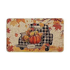 Artoid Mode Buffalo Plaid Truck Pumpkin Fall Doormat, Maple Leaves Home Decor Low-Profile Switch Rug Door Mat Floor Mat for Indoor Outdoor 17x29 Inch