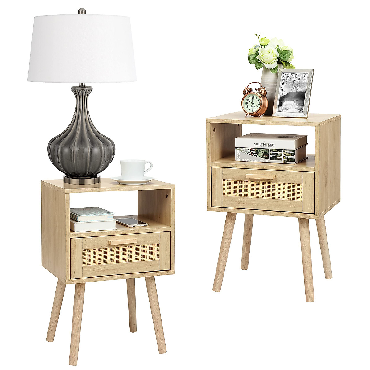 Finnhomy Nightstands Set of 2, End Table, Nightstand, Side Table with Hand Made Rattan Decorated Drawers, Wood Accent Table with Storage for Bedroom, Natural