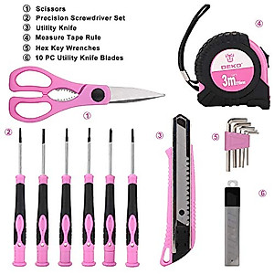 DEKO Pink Tool Set 110 Piece Household Tool Kit,Ladies Portable Tool Set with Easy Carrying Pouch, Perfect for DIY Projects, Home Maintenance