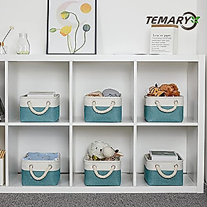 Temary Collapsible Storage Bins Set of 6 Fabric Storage Baskets 2 Pcs Decorative Baskets for Gifts Empty (White&Teal, 11.8Lx7.9Wx5.3H Inches, 16Lx12Wx12H Inches)