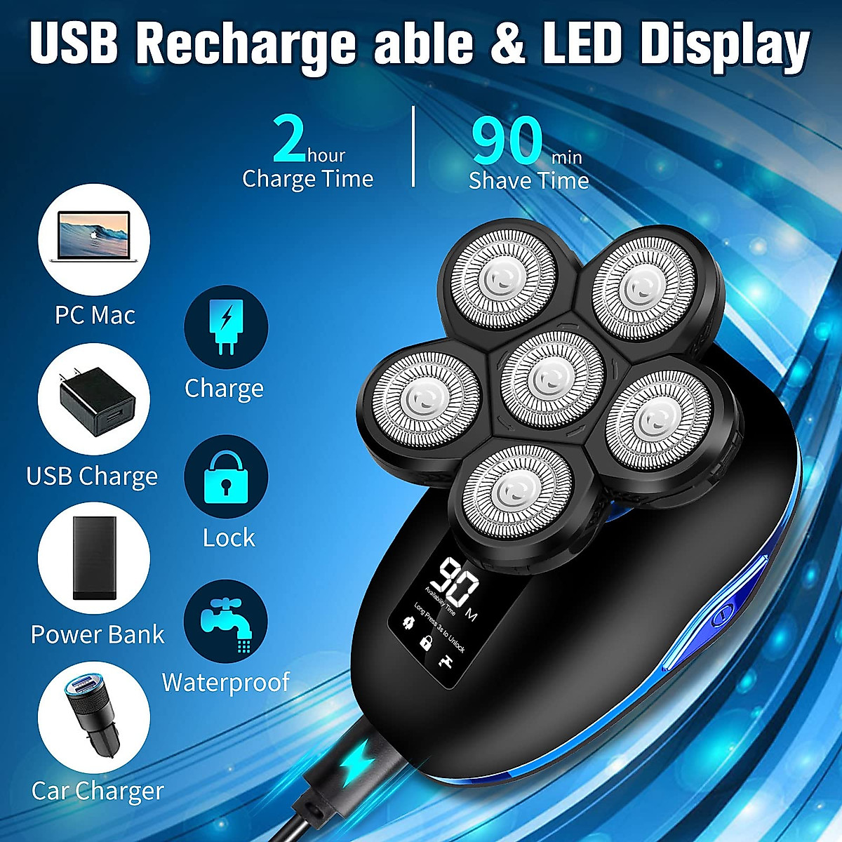 6 in 1 Electric Rotary Shaver for Bald Men - Cordless Wet/Dry IPX7 Waterproof with LED Display and Shaver Kit