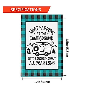 Moslion Camping Garden Flag 12.5x18 Inch Blue Black Plaid Bus Mountain What Happens at The Campground Get Laughed About All Year Yard Flag Burlap Banners Vertical Double Sided for Farm House Outside