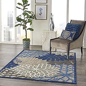 Nourison Aloha Indoor/Outdoor Blue/Multicolor 5'3" x 7'5" Area-Rug, Tropical, Botanical, Easy-Cleaning, Non Shedding, Bed Room, Living Room, Dining Room, Deck, Backyard, Patio (5x7)