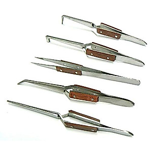 Fiber Grip Tweezers Jewelry Hobby Craft Soldering Fiber Grip Cross Locking Set Bent and Straight Tip 5 PCS By JTS
