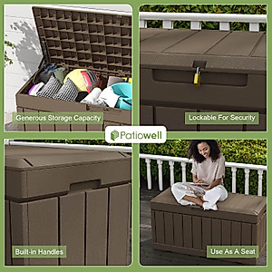 Patiowell 82 Gallon Resin Deck Box, Waterproof Large Wood Look Storage Box for Patio Furniture, Pool Accessories, Garden Tools and Sports Equipment, Lockable, Brown