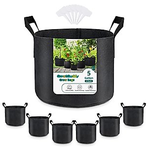 GreatBuddy 5 Gallon Grow Bags 6-Pack, Thick Fabric Pots for Plants, Sturdy Handles & Reinforced Stitching, Labels Included, Black