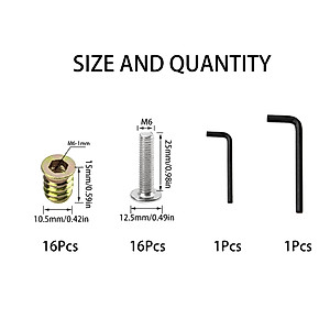 Rrina 16 Sets M6x25 Furniture Screw Nut Threaded Wood Inserts Bolt Fastener Connector Hex Socket Drive M6x15 Screw-in Nuts
