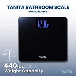 Tanita HD-366 Digital Weight Scale - 440 lbs Capacity - Japan Technology Accurate Digital Weight Scale - Step On Operation, Stylish Design with Reverse Blue Lit LCD Display & 8mm Thick Tempered Glass