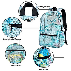 LEDAOU Mesh Backpack for Kids Girls Semi-Transparent Mesh School Backpack Bookbag Lightweight Casual Daypacks for Beach Gym(Marble Purple Blue Green)