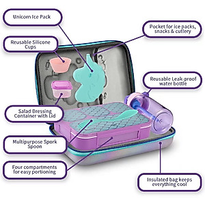 BDBKYWY Unicorn Lunch Box Lunch Bag Set - Insulated Lunch Bag with 4 Compartment Bento Box Ice Pack Water Bottle Silicon Cap Spoon Salad Container for Lunch Kid's School Supplies Ideal for Age 7-15