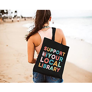 GXVUIS Support Your Local Library Canvas Tote Bag for Women Aesthetic Reusable Grocery Shopping Bags Book Lovers Gifts Black