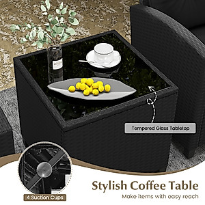 RELAX4LIFE 3-Piece Patio Furniture Set - Wicker Rattan Bistro Sofa Set w/Glass Top Coffee Table, Washable Cushions for Porch Balcony Backyard Poolside, Outdoor Furniture Conversation Set (Black)