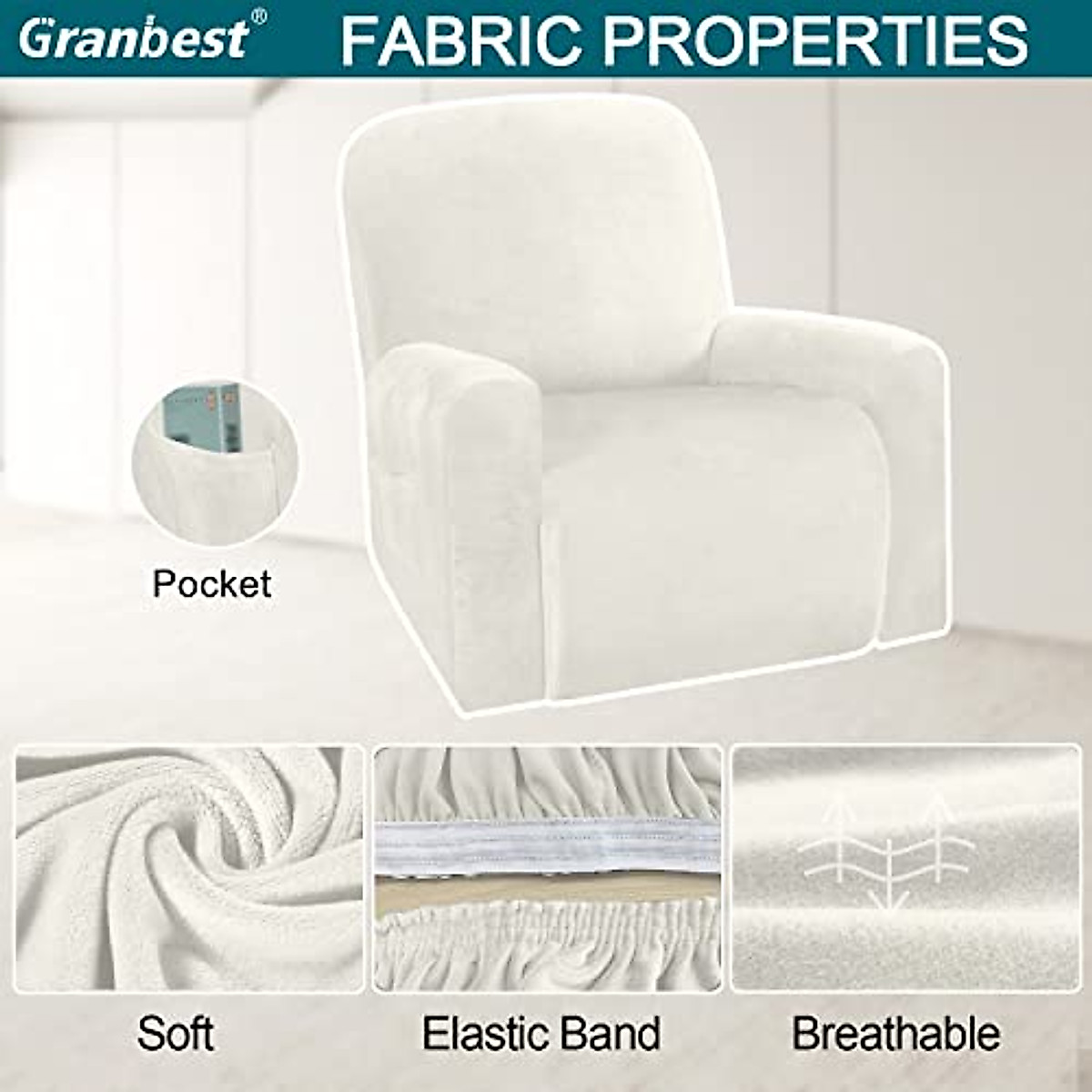 Granbest Velvet Plush Recliner Chair Cover High Stretch Recliner Slipcover Furniture Protector with Pockets(Creamy White)