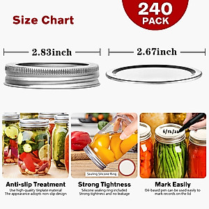 SLifeJars Canning Lids and Rings Regular Mouth,240 Pcs 70MM Mason Jar Lids and Rings Set for Regular Mouth Canning,Split-type Lids with Silicone Seals Rings Leak Proof and Secure for Regular Mason Jar
