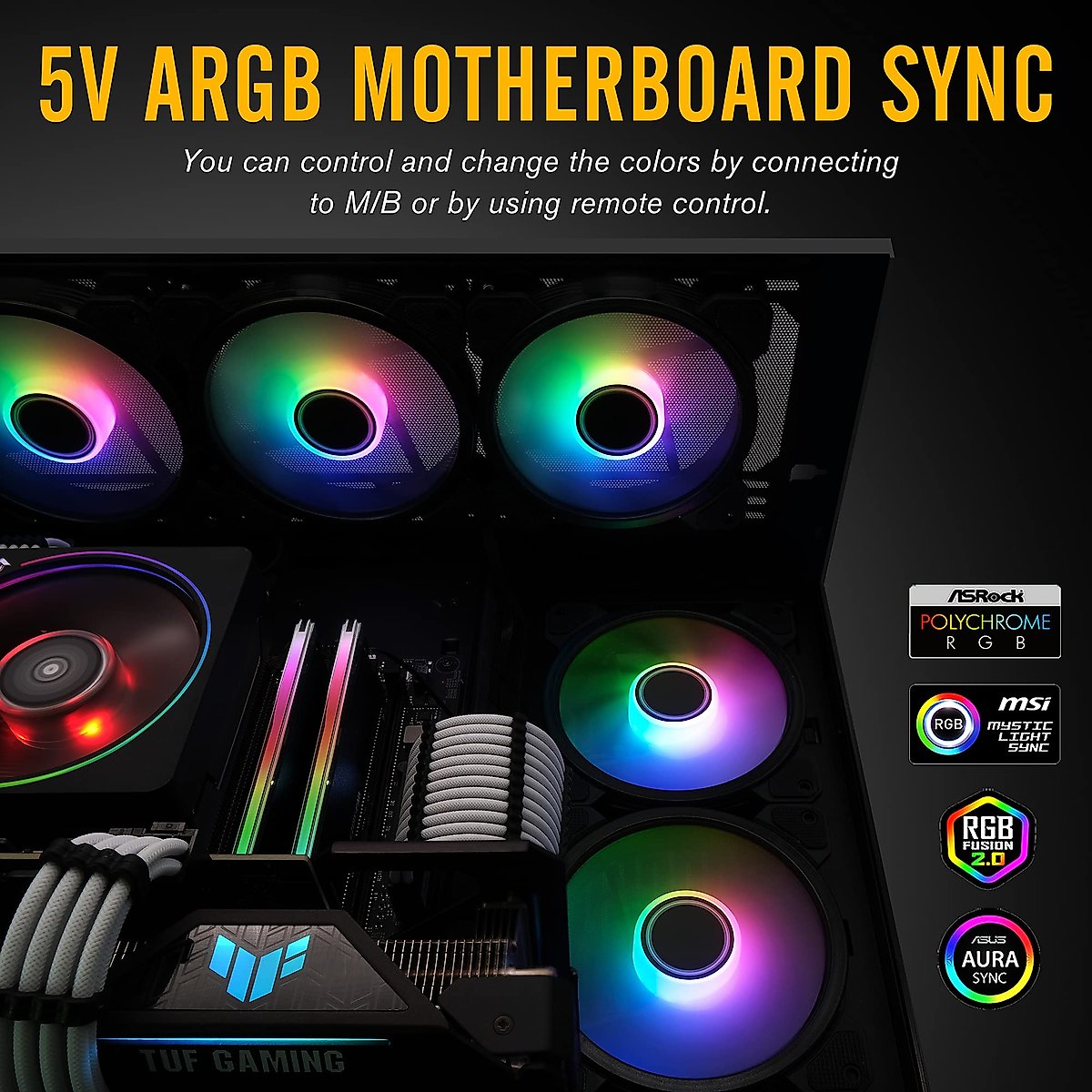 EZDIY-FAB 120mm Computer Case Fan,Motherboard Aura Sync Fan,High Airflow,Speed Adjustable, ARGB Fan with Fan Hub and Remote-5 Pack