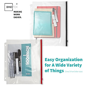 Binditek 40 Pack Plastic Zippered Binder Pockets, 3-Hole Punched for 3 Ring Binder, Clear PVC with Multicolor Zippers, Waterproof Loose Leaf Bag Pouch for Document Filing and Storage