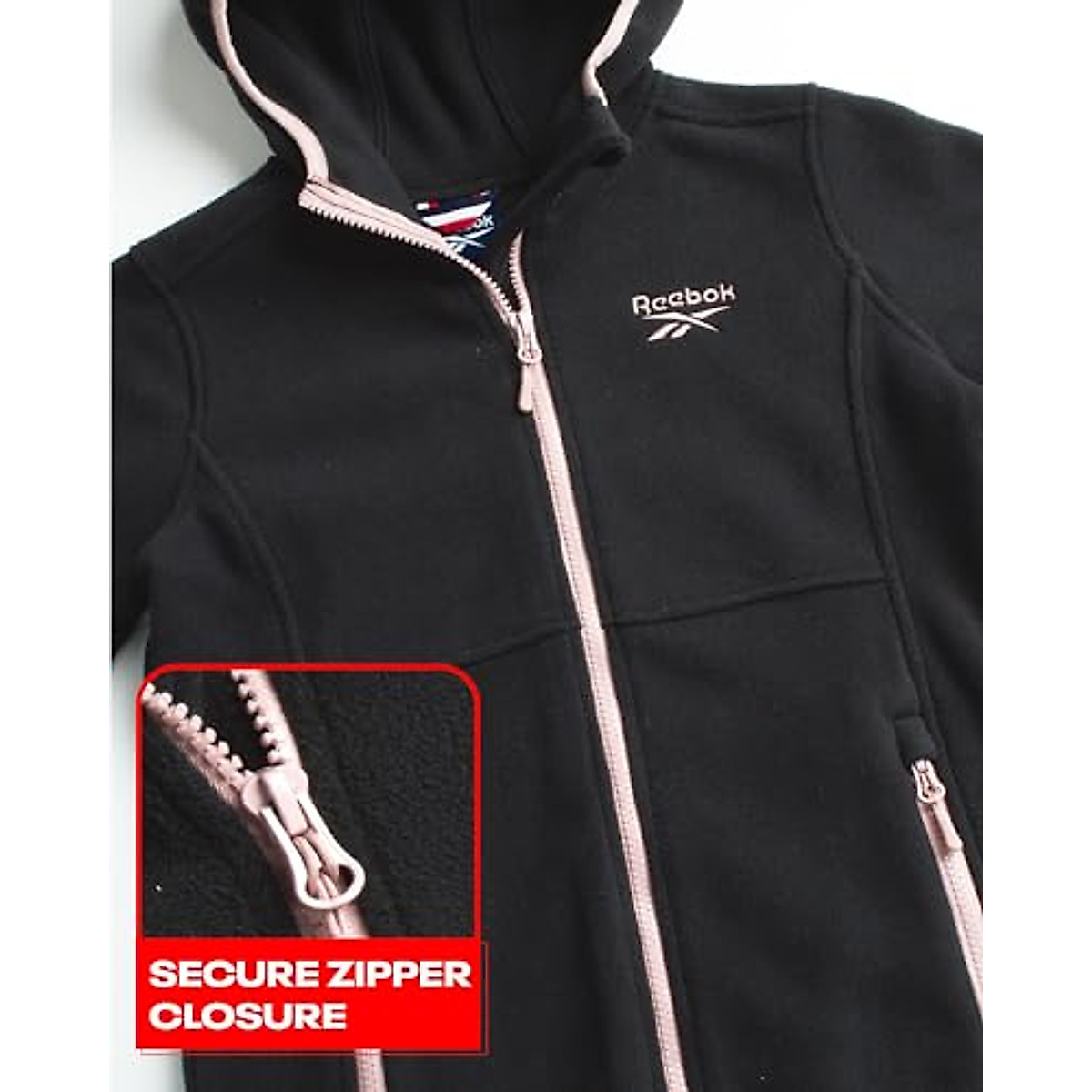 Reebok Girls' Fleece Jacket - Polar Fleece Hoodie Sweatshirt Jacket - Lightweight Coat for Girls (4-16), Size 7-8, Black