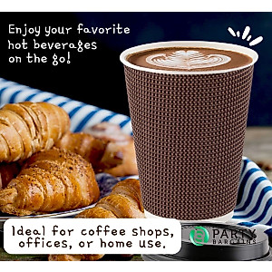 PARTY BARGAINS Ripple Hot Cups with Lids, 16 oz, 40 Count, Brown, Insulated Double Wall, Disposable Paper Coffee Cups, To-Go Cup, Tea, Hot Beverages, No Sleeve Needed