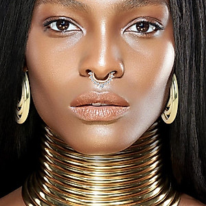 Beupy 6 Pieces Gold African National Tribal Costume Accessories Set Long Neck Collar Necklaces Metal Bracelet Gothic Chunky Nose Hoop Chain Swirl Earrings African Jewelry Set for Women