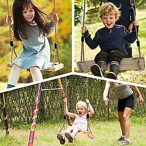 Wooden Tree Swing Set, Wooden Swing Seat with 2 Carabiners, 2 Strengthen Straps and Adjustable Rope for Kids Indoor Outdoor, 17.7'' x 7.5'' x 1.2''